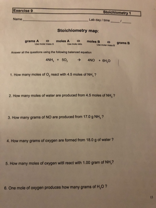 Solved Exercise 9 Name Stoichiometry 1 Lab day / time | Chegg.com