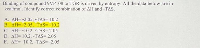 Solved Binding of compound 9VP108 to TGR is driven by | Chegg.com