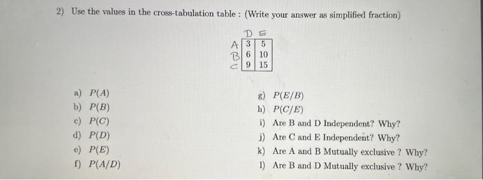 Solved 2) Use the values in the cross-tabulation table: | Chegg.com