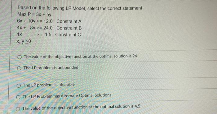 Solved Based on the following LP Model, select the correct | Chegg.com