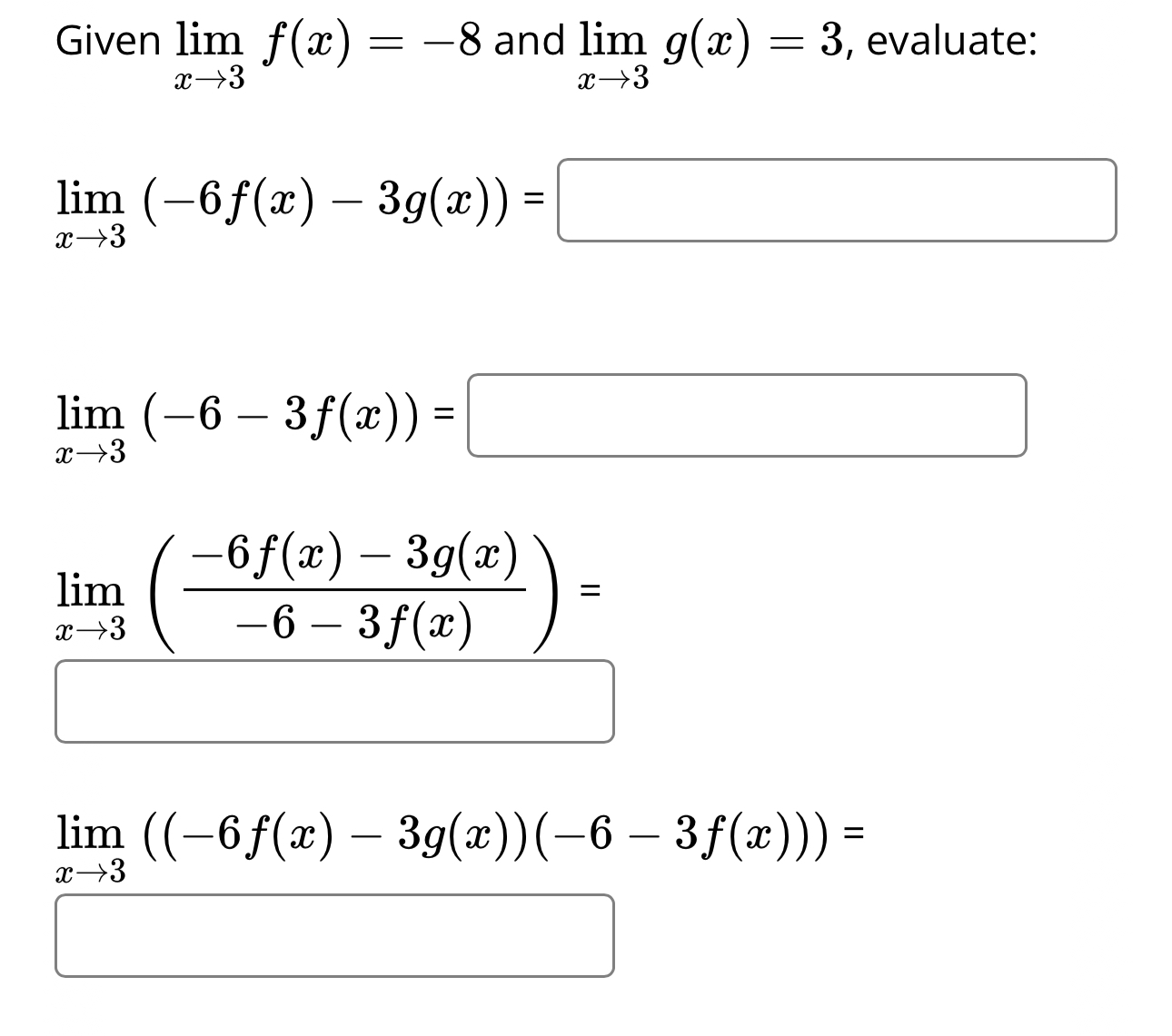 Solved Given limx→3f(x)=-8 ﻿and limx→3g(x)=3, | Chegg.com