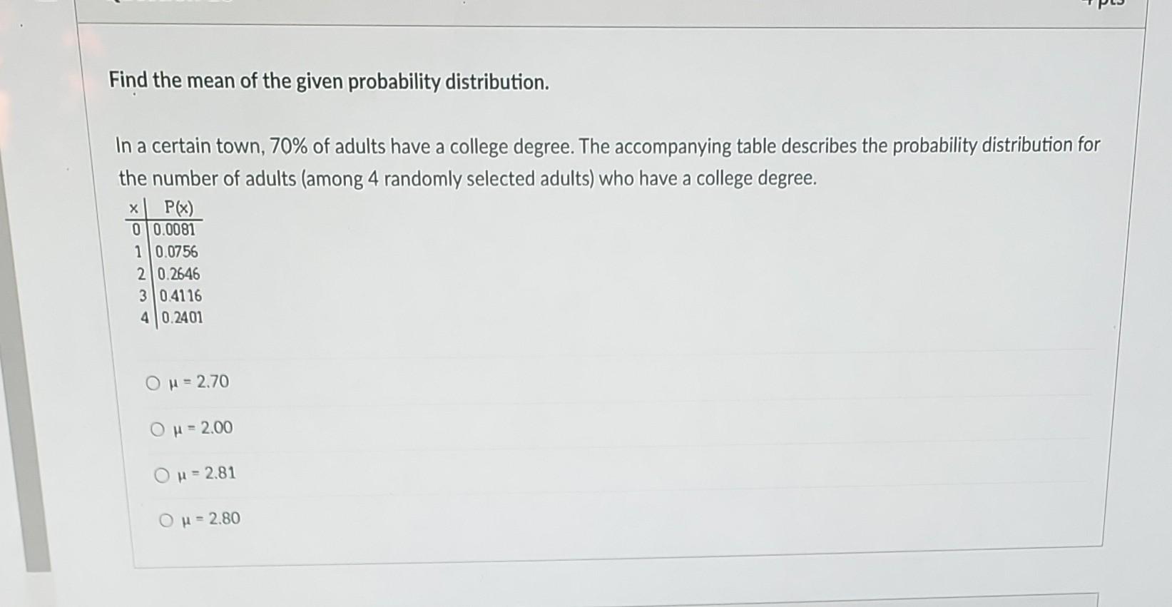 Solved Find the mean of the given probability distribution. | Chegg.com