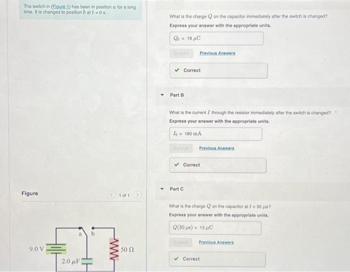 Solved The switch in (Figure 1) has been in position a for a | Chegg.com