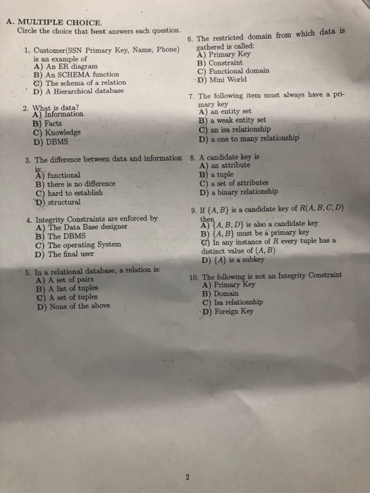 Solved A. MULTIPLE CHOICE Circle the choice that best | Chegg.com