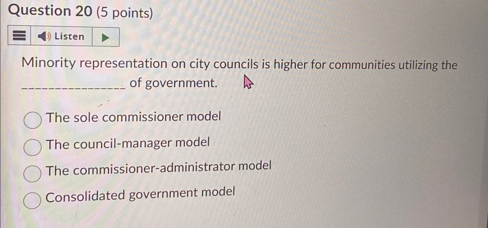 Solved Question 20 (5 ﻿points)Minority representation on | Chegg.com