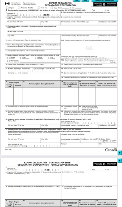 EXPORT DECLARATION DECLARATION D'EXPORTATION OR Se | Chegg.com