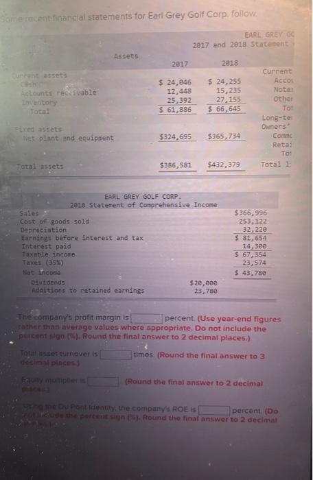 Some recent financial statements for Earl Grey Golf | Chegg.com