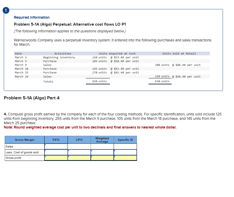 Required InformationProblem 5-1A (Algo) ﻿Perpetual: | Chegg.com