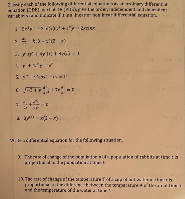 Solved Classify Differential Equations, give order, | Chegg.com