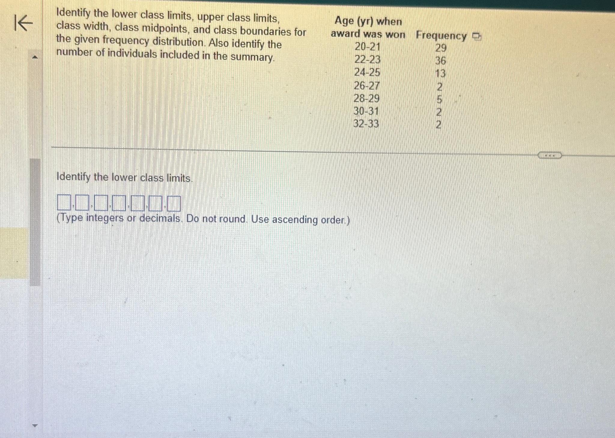 Solved Identify the lower class limits, ﻿upper class limits, | Chegg.com