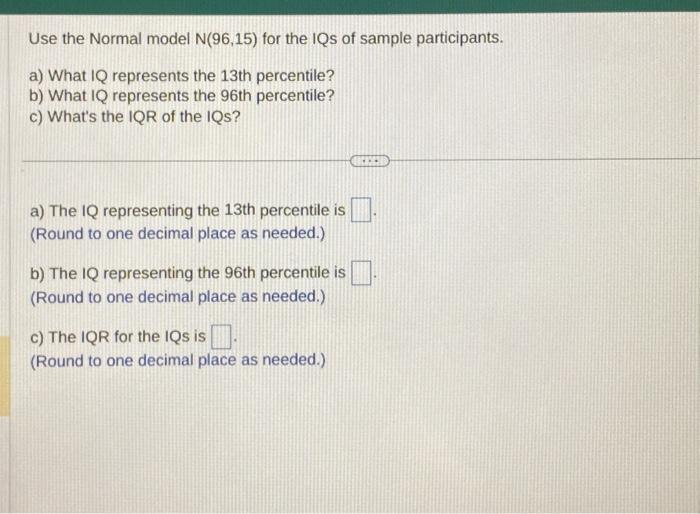 Solved Use the Normal model N (96,15) for the IQs of sample | Chegg.com