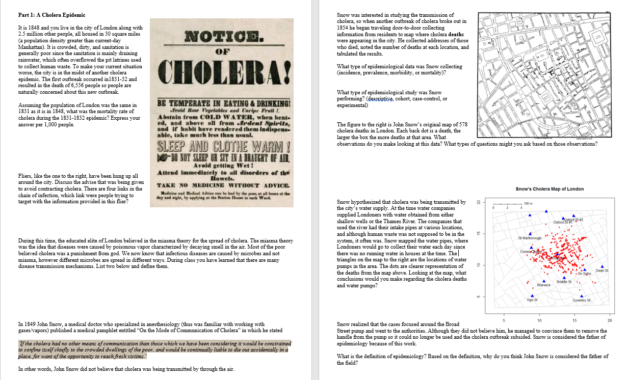 Solved Part 1: A Cholera EpidemicIt is 1848 ﻿and you live in | Chegg.com
