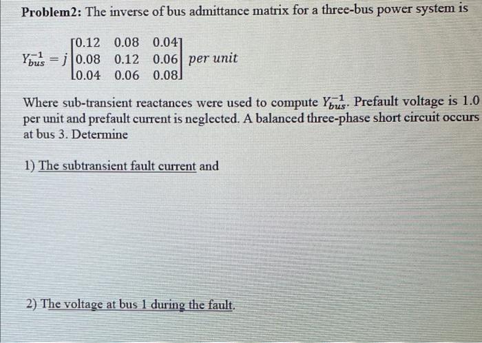 Solved Problem 2: The inverse of bus admittance matrix for a | Chegg.com