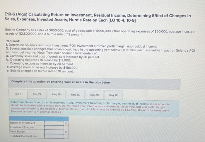 Solved E10-6 (Algo) Calculating Return on Investment, | Chegg.com