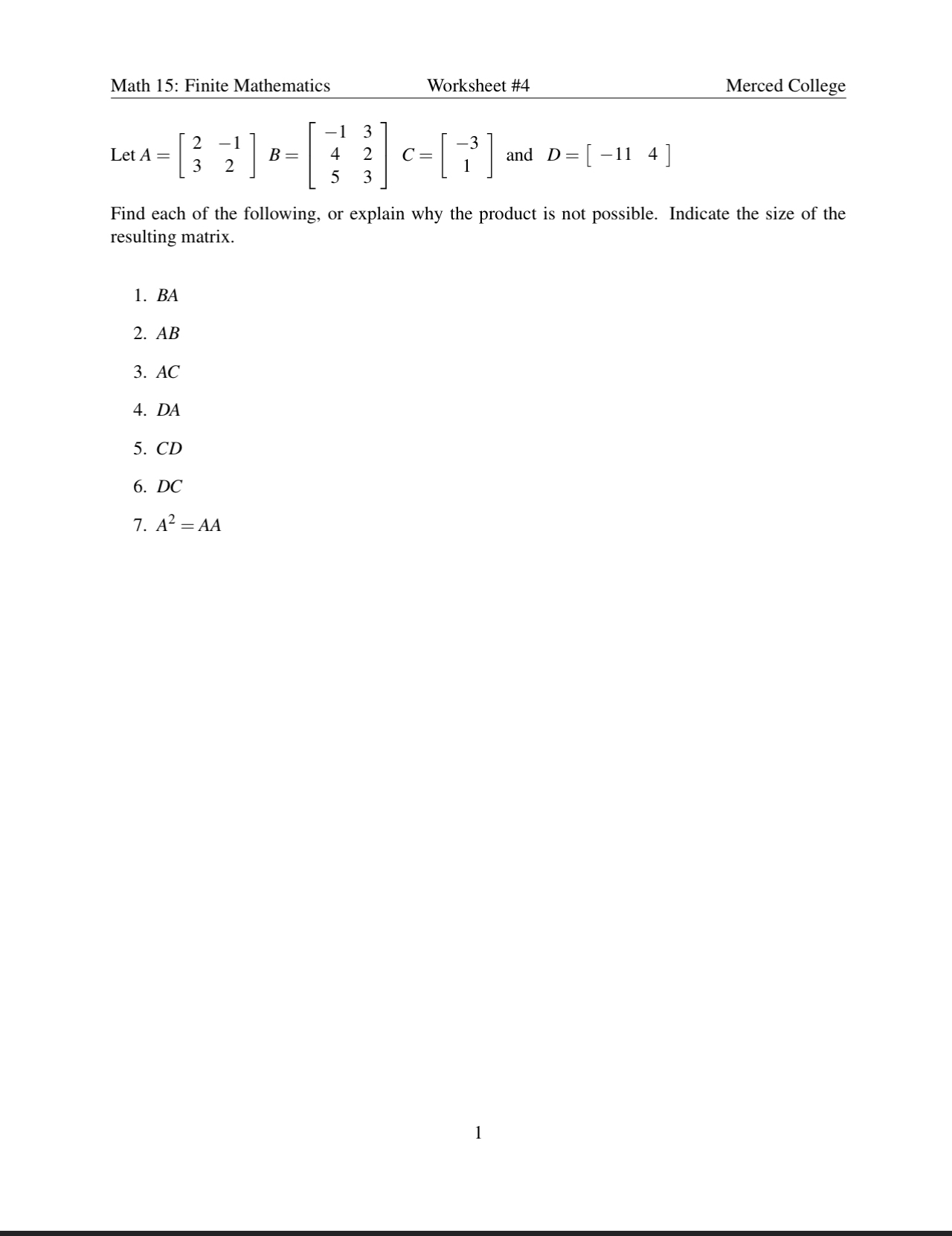 Solved Math 15: Finite MathematicsWorksheet #4Merced | Chegg.com