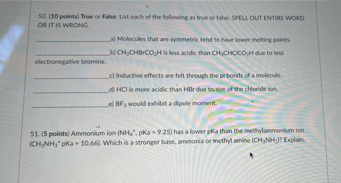 Solved 50. (10 points) True or False. List each of the | Chegg.com