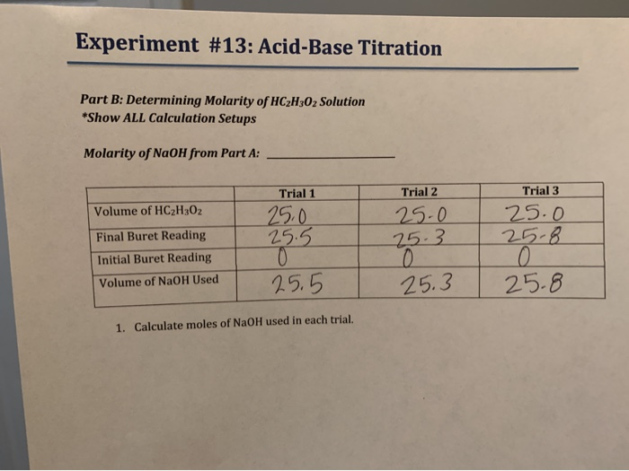Solved Experiment #13: Acid-Base Titration Part B: | Chegg.com