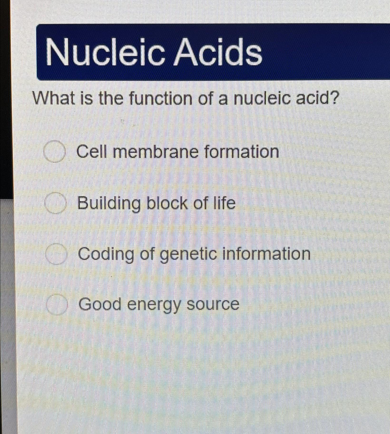 Solved Nucleic AcidsWhat is the function of a nucleic | Chegg.com