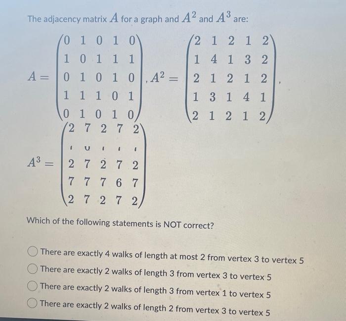 Solved The adjacency matrix A for a graph and A2 and A3 are: | Chegg.com