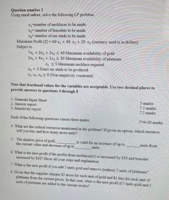 Solved Question number I Using excel solver, solve the | Chegg.com