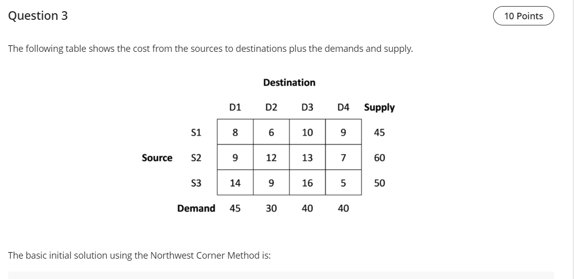 Solved Question 3The following table shows the cost from the | Chegg.com