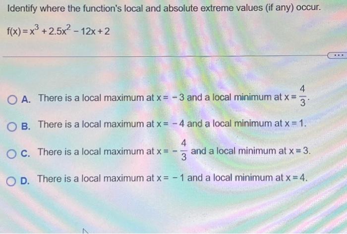 Solved Identify where the function's local and absolute | Chegg.com
