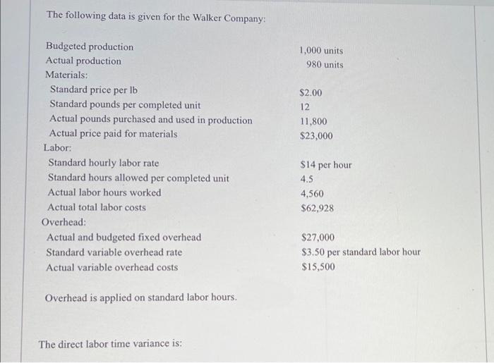 Solved The following data is given for the Walker Company: | Chegg.com