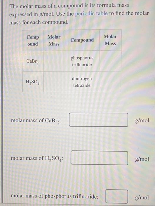 Solved The molar mass of a compound is its formula mass | Chegg.com