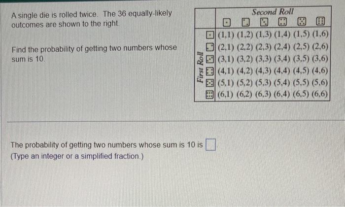 Solved A single die is rolled twice. The 36 equally-likely | Chegg.com