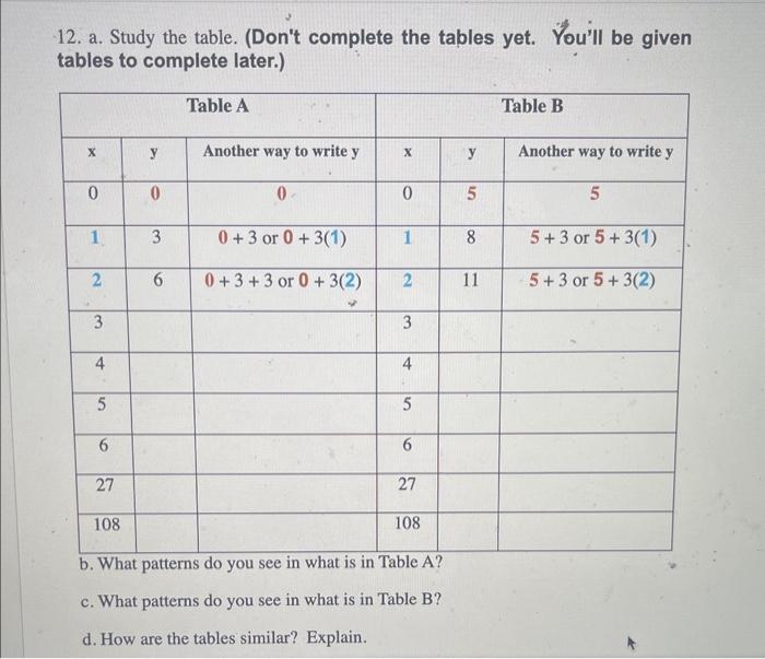 Solved 12. a. Study the table. (Don't complete the tables | Chegg.com