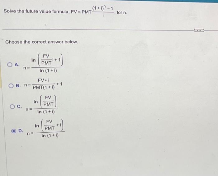 Solved Solve the future value formula, FV=PMTi(1+i)n−1 | Chegg.com