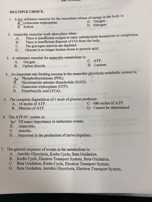Solved MULTIPLE CHOICE. 1. A key substance essential for the | Chegg.com