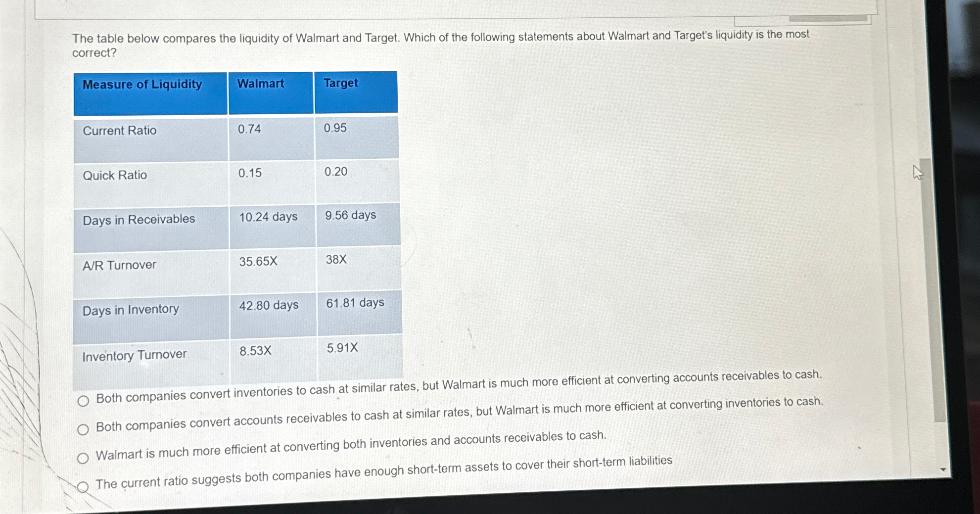 Solved The table below compares the liquidity of Walmart and | Chegg.com