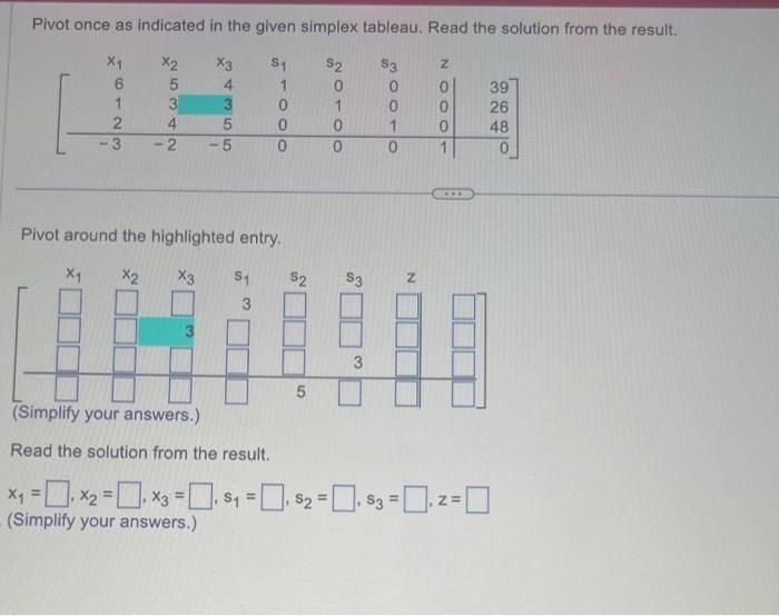 Solved Pivot once as indicated in the given simplex tableau. | Chegg.com