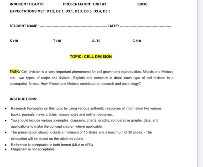 Solved SBI3C INNOCENT HEARTS PRESENTATION: UNIT #3 | Chegg.com