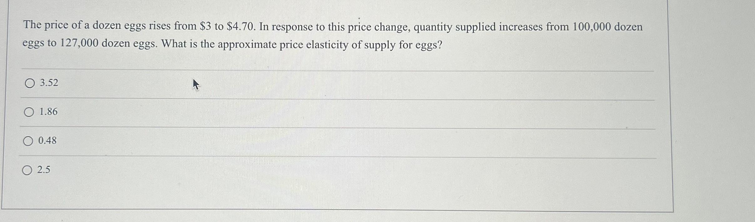 Solved The price of a dozen eggs rises from $3 ﻿to $4.70. | Chegg.com