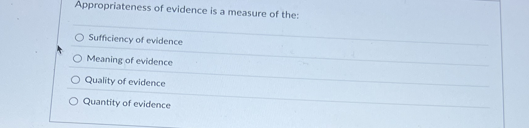 Solved Appropriateness of evidence is a measure of | Chegg.com