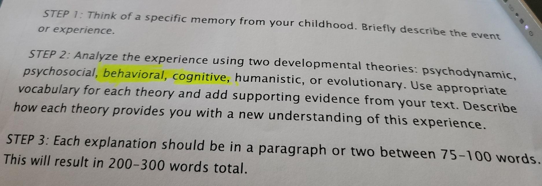 Solved STEP 1: Think of a specific memory from your | Chegg.com