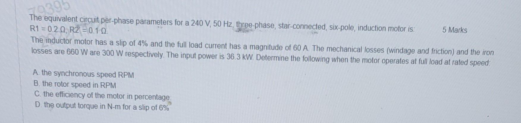 Solved The equivalent circuit per-phase parameters for a 240 | Chegg.com