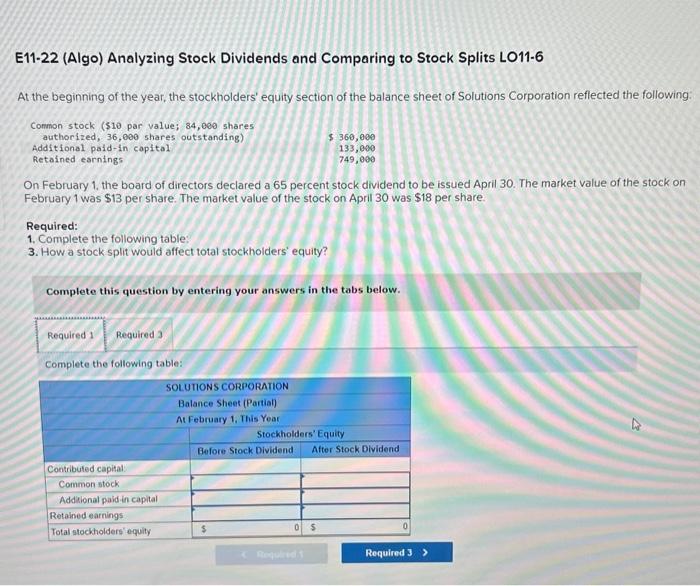Solved E11-22 (Algo) Analyzing Stock Dividends and Comparing | Chegg.com