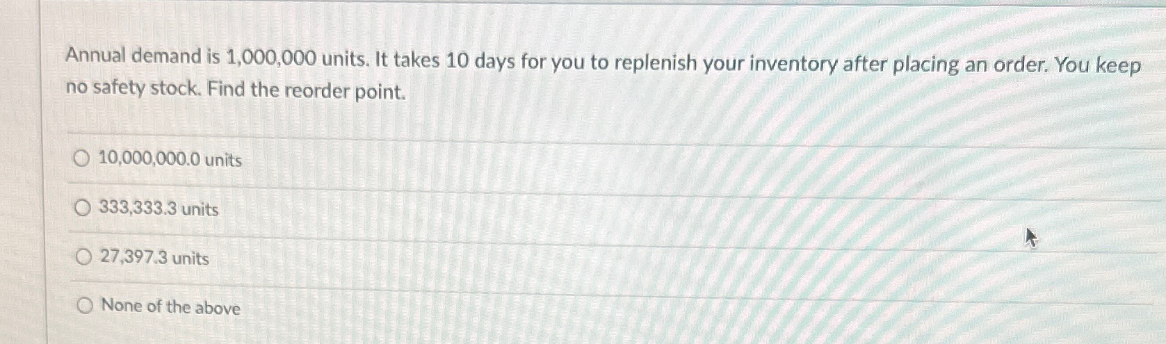 Solved Annual demand is 1,000,000 ﻿units. It takes 10 ﻿days | Chegg.com