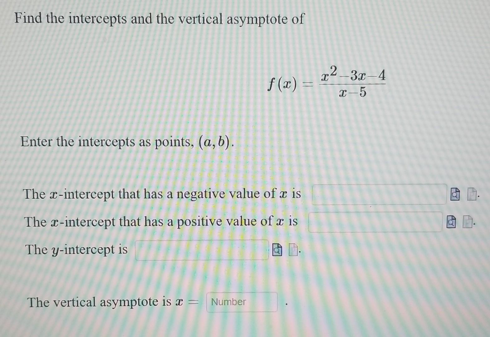 Solved Find the intercepts and the vertical asymptote of | Chegg.com