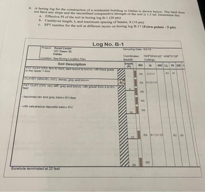 Solved 4. A boring log for the construction of a residential | Chegg.com