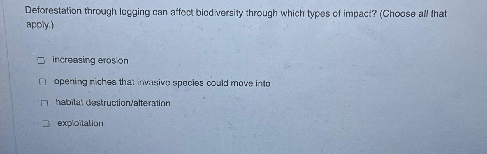 Solved Deforestation through logging can affect biodiversity | Chegg.com