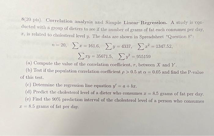 Solved 8(20 pts). Correlation analysis and Simple | Chegg.com