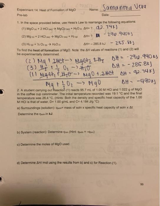 Solved Experiment 14: Heat of Formation of Mgo Pre-lab Name: | Chegg.com