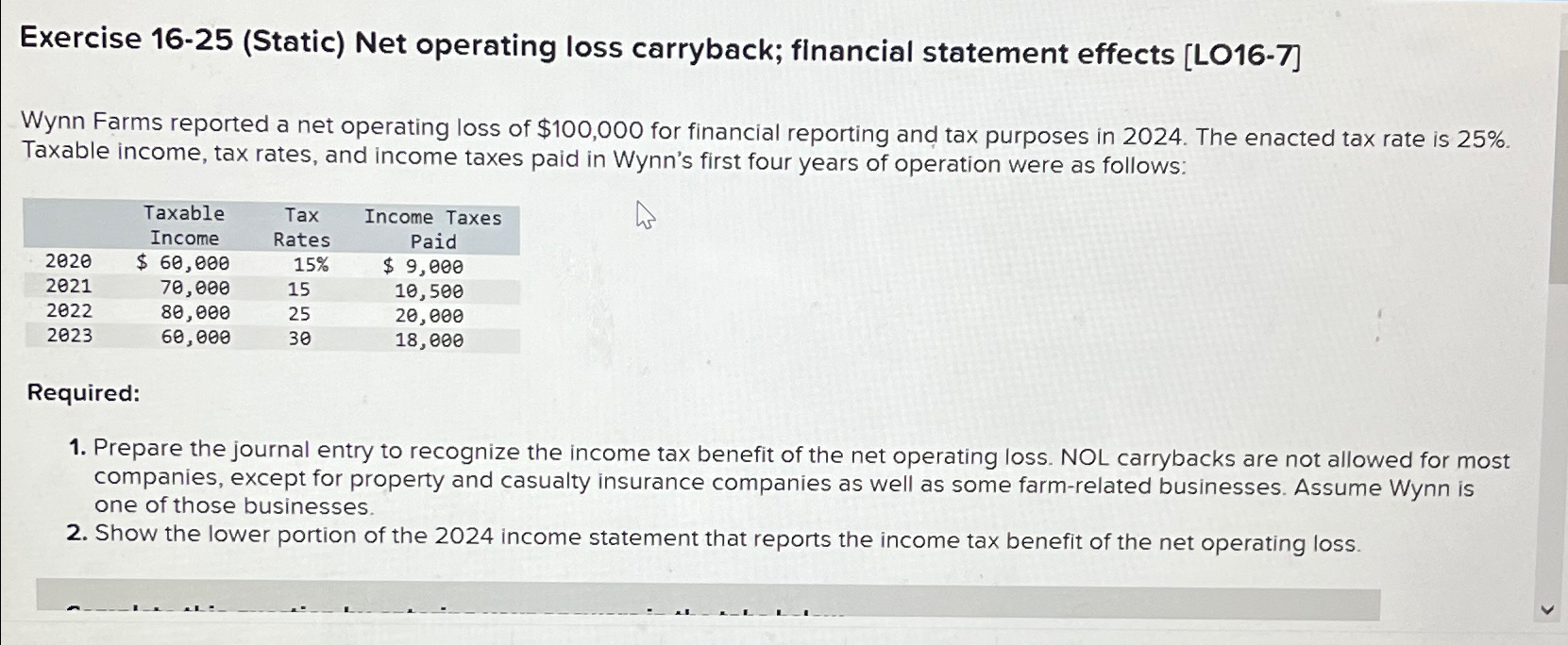 Solved Exercise 16-25 (Static) ﻿Net operating loss | Chegg.com