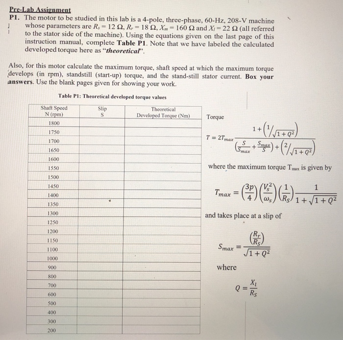Solved Pre-Lab Assignment P1. The motor to be studied in | Chegg.com