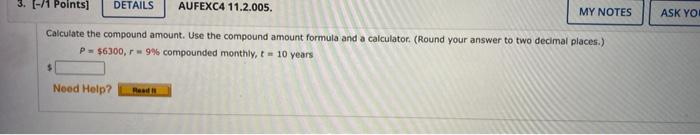 Solved 3. [-/1 Points] DETAILS AUFEXC4 11.2.005. MY NOTES | Chegg.com