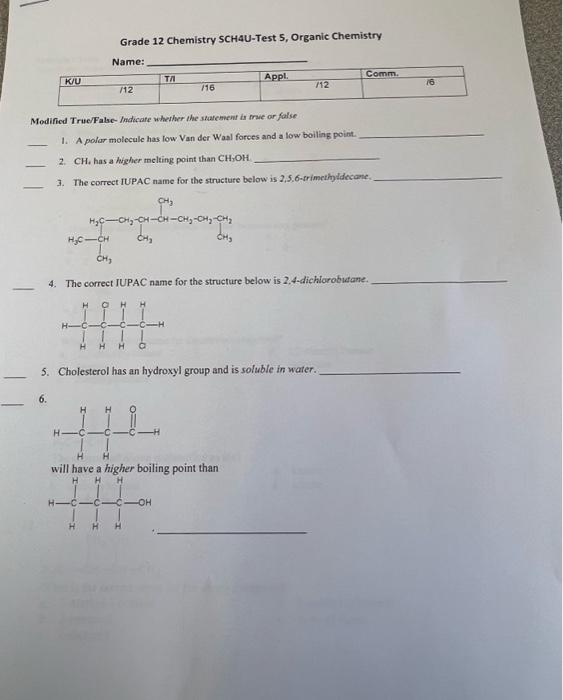 Solved Grade 12 Chemistry SCH4U-Test 5, Organic Chemistry | Chegg.com